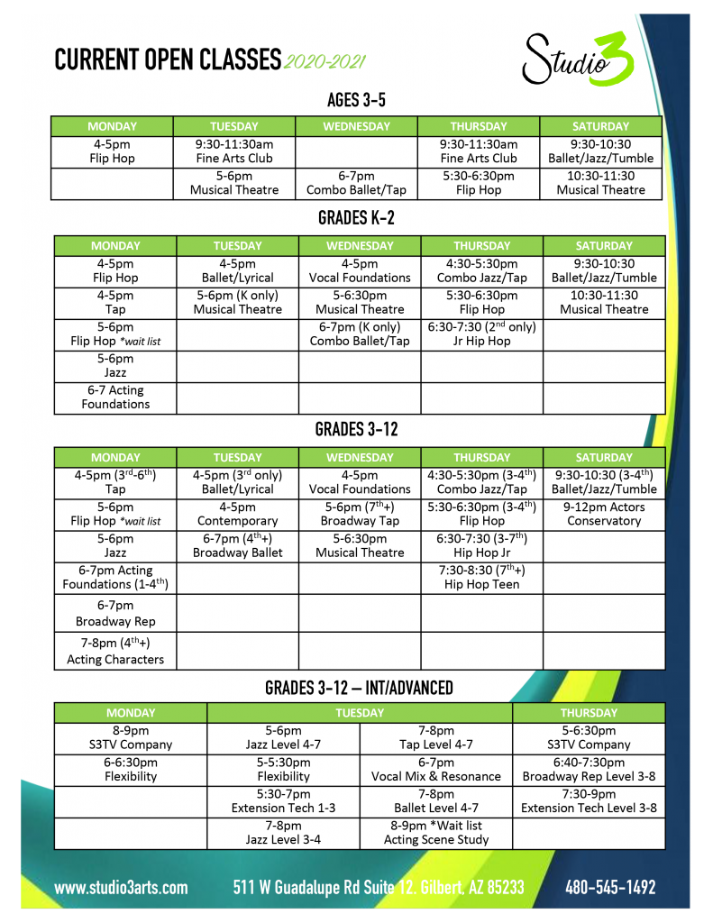 Schedule – Sing Dance Act Training – Studio 3